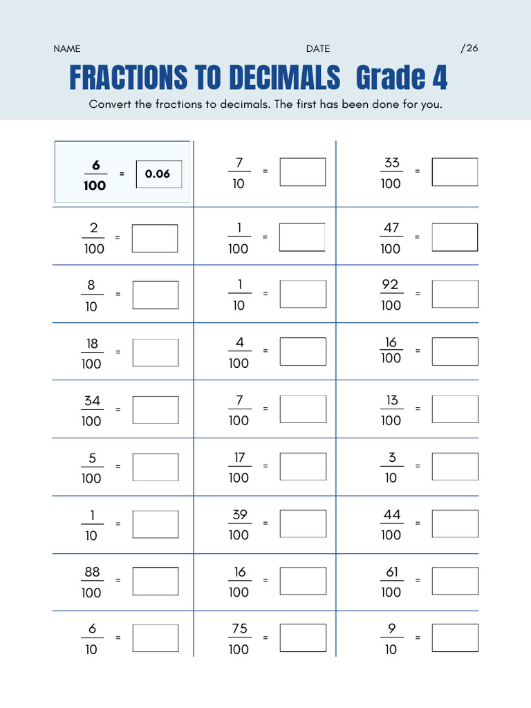 Grade 4 Math Fraction Decimals Worksheet in Blue Clean Style | PDF ...
