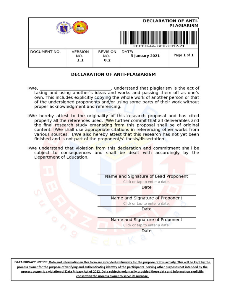 DECLARATION-OF-ANTI-PLAGIARISM-1 | PDF | Plagiarism | Thesis