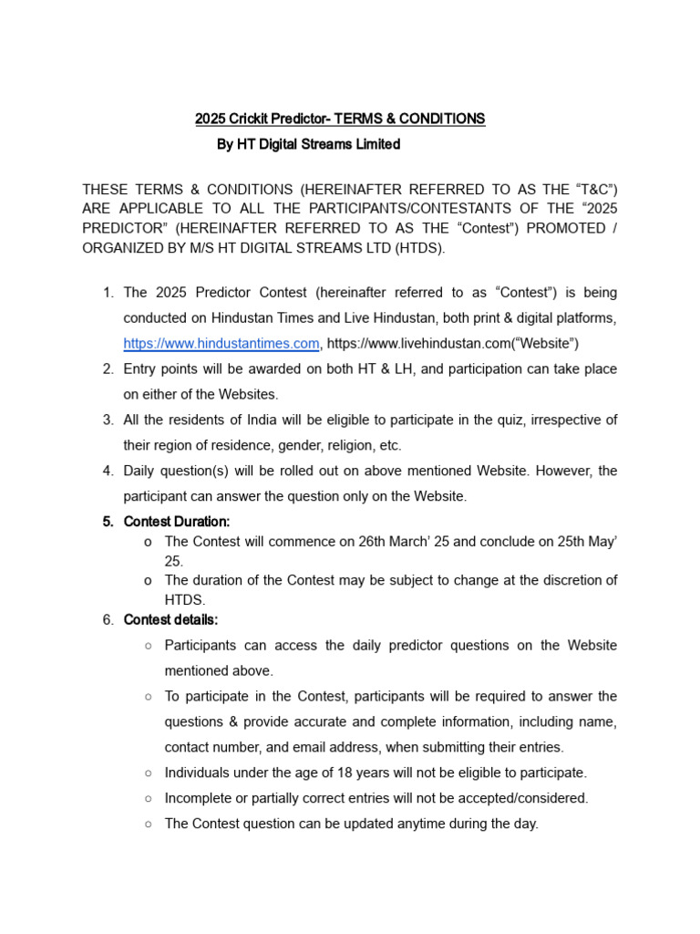 Predictor Terms and Cond 2025 | PDF | Legal Liability | Damages