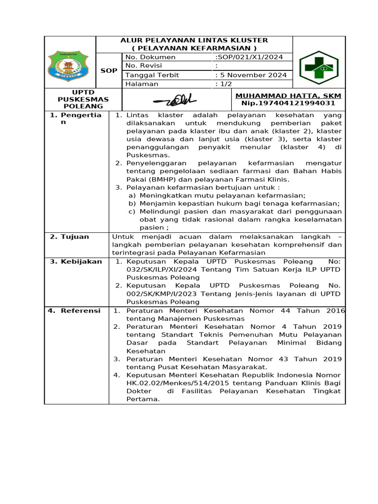 Sop Lintas Klaster (Farmasi) Poleang | PDF