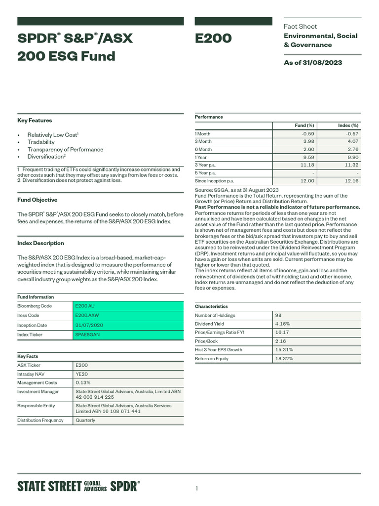 SPDR SP ASX200 ESG Fund - Factsheet (310823) | PDF | Investment Fund ...