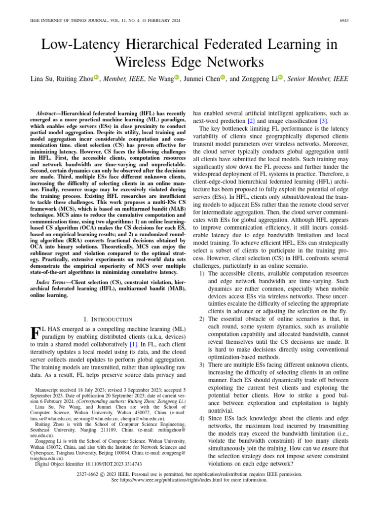 Low-Latency Hierarchical Federated Learning in Wireless Edge Networks | PDF | Mathematical ...