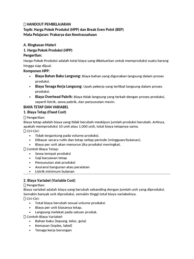 ? HANDOUT PEMBELAJARAN HPP Dan BEP | PDF