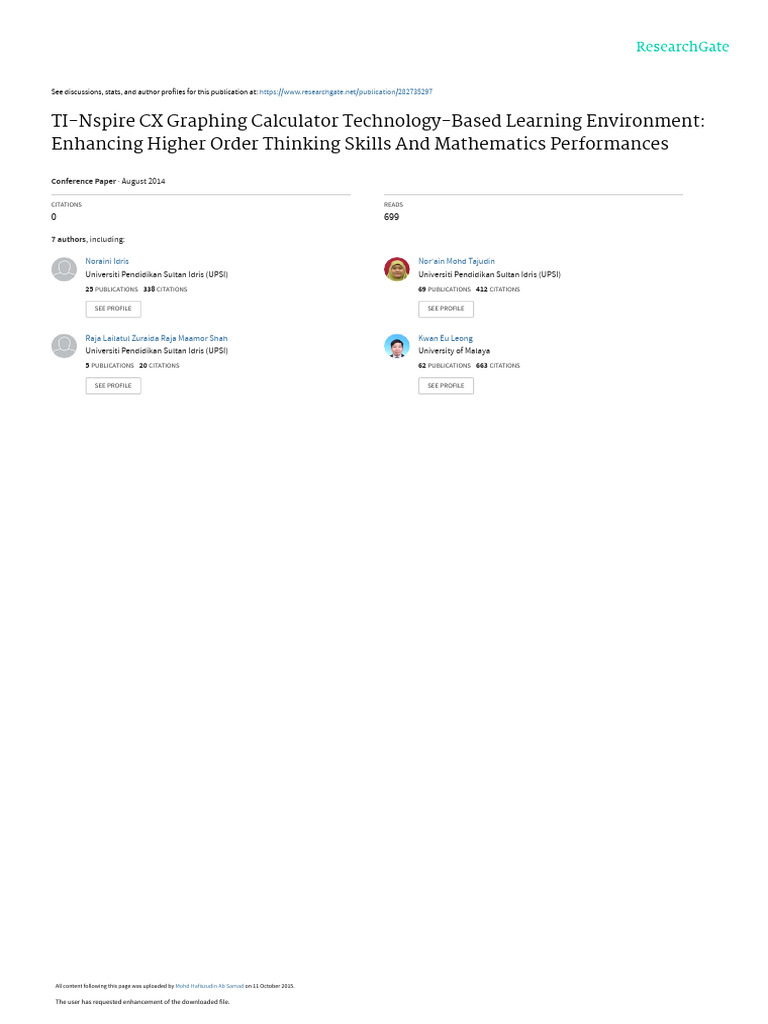 TI-Nspire CX Graphing Calculator Technology-Based Learning Environment: Enhancing Higher Order ...