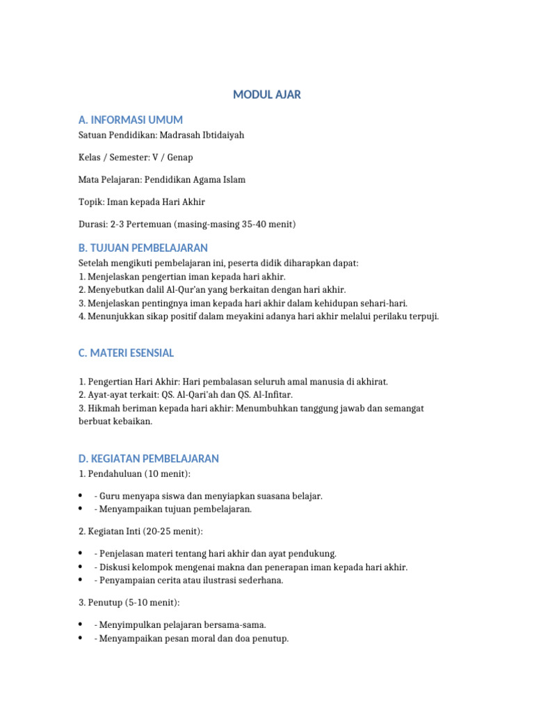 Modul Ajar Iman Kepada Hari Akhir MI Lengkap | PDF