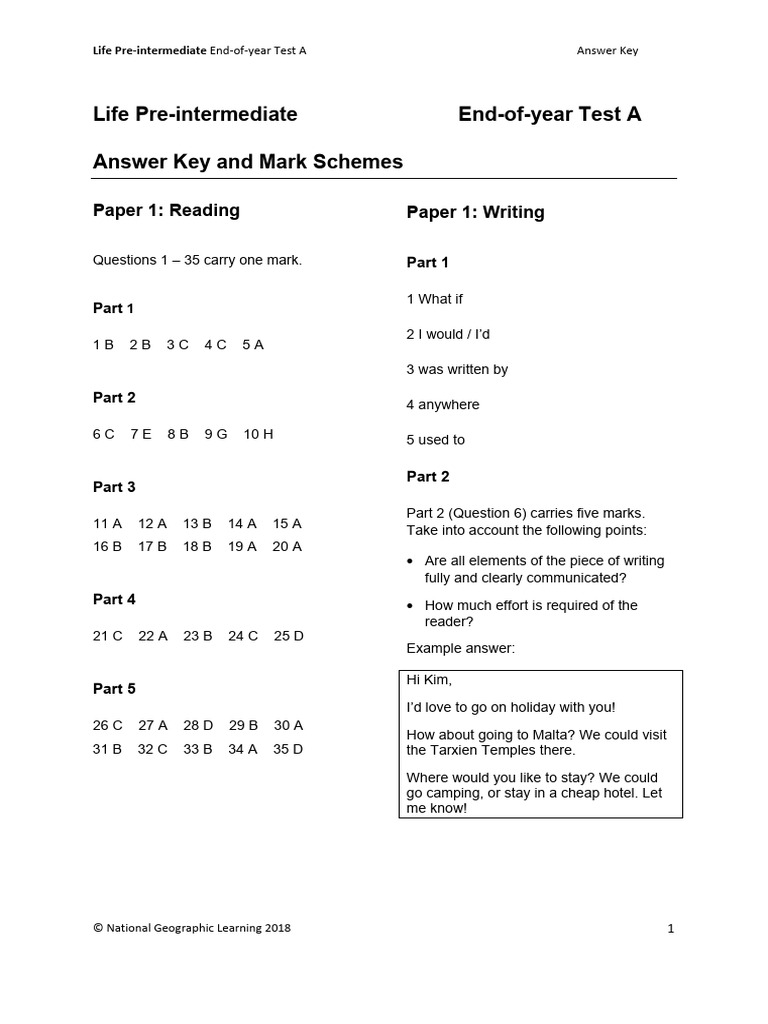 Pre-Intermediate End of Year Test A Answer Key | PDF | Linguistics ...