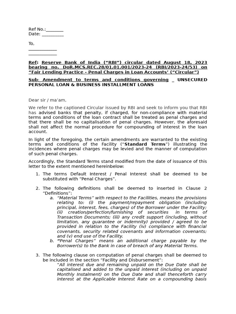 ICICI Bank - Addendum Penal Charges - PL - BIL | PDF | Loans | Interest