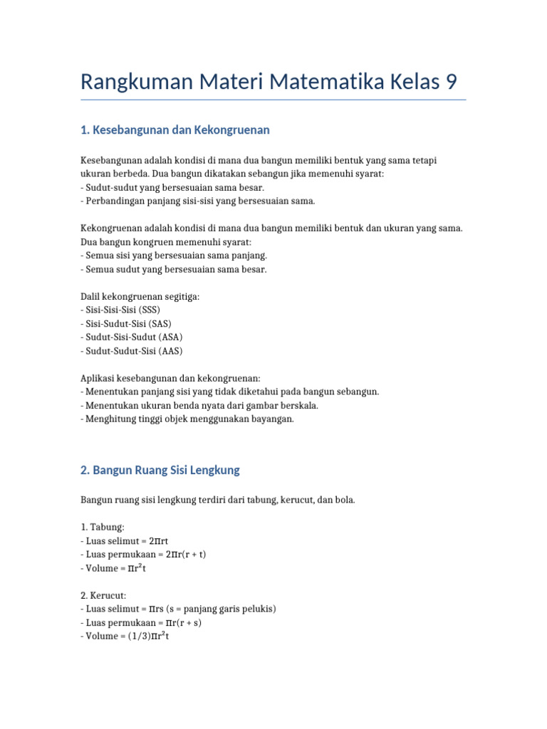 Rangkuman Materi Matematika Kelas 9 | PDF