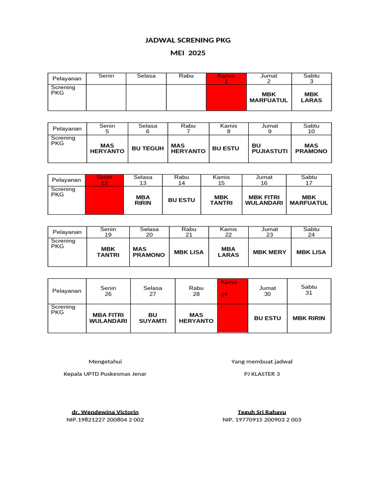 JADWAL PELAYANAN SCREENING PKG (AutoRecovered) | PDF
