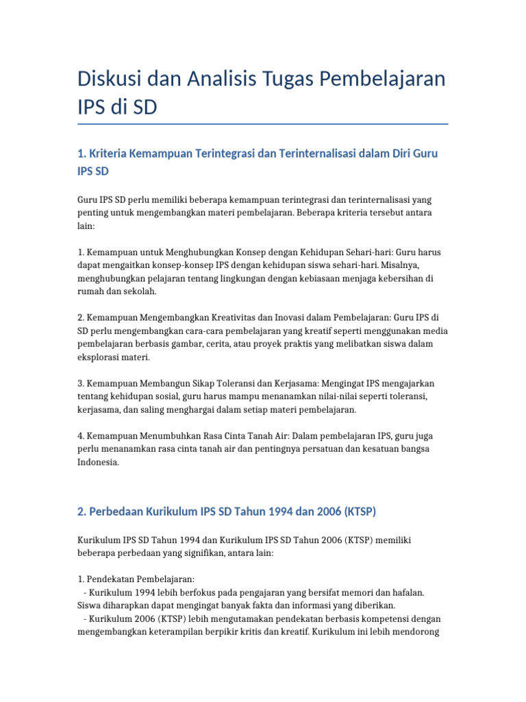 Diskusi Analisis Tugas Pembelajaran IPS SD | PDF