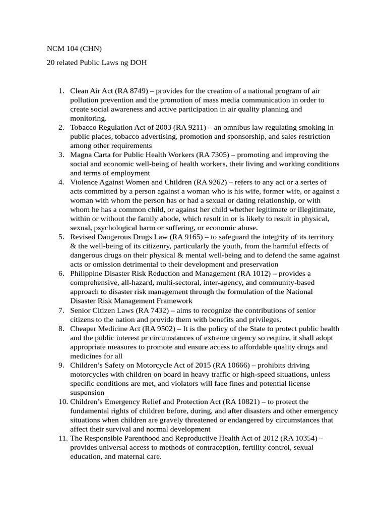 20 Related Public Laws NG DOH (CHN) | PDF | Public Health | Social Policy