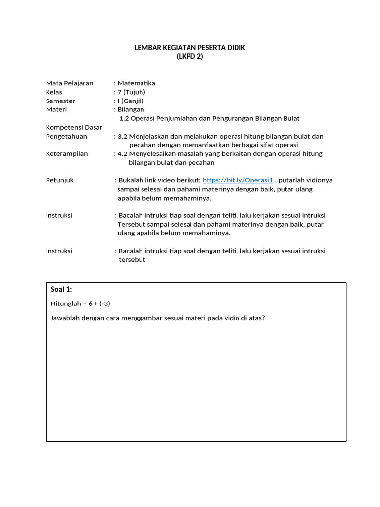 LKPD 2 MTK Ganjil kelas 7 | PDF