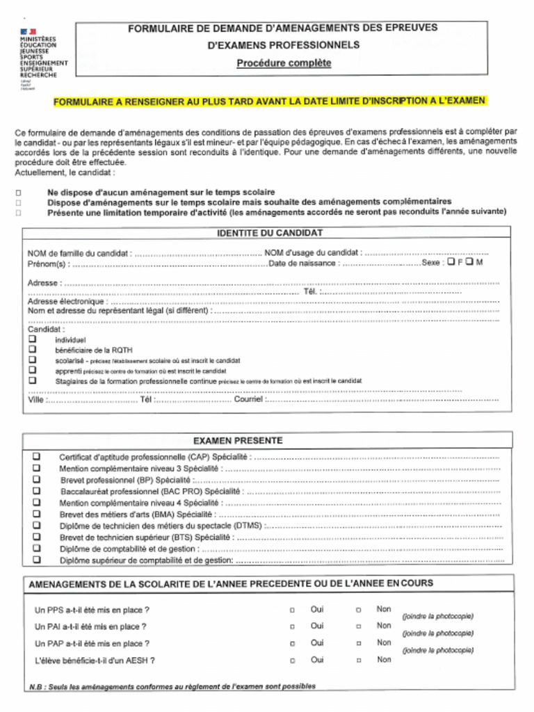 Formulaire Procedure Complete 2025 - Examens Professionnels | PDF