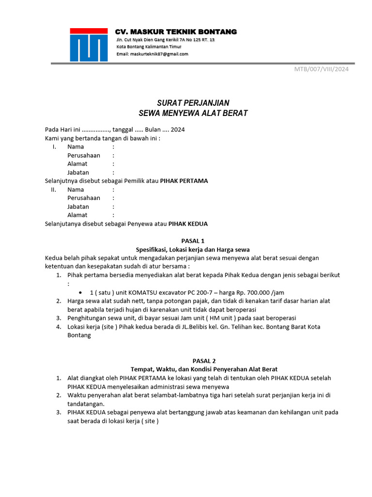 Surat Perjanjian Sewa Alat Berat | PDF