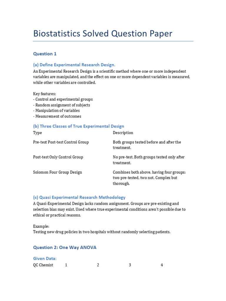 Biostatistics Solved Questions | PDF | Experiment | Design Of Experiments