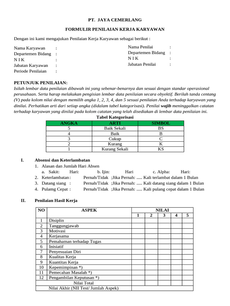 Form Penilaian Kerja PT Jaya Cemerlang | PDF