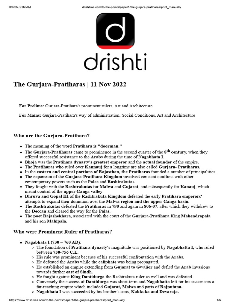 To-The-Points Paper1 The-Gurjara-Pratiharas Print Manually | PDF