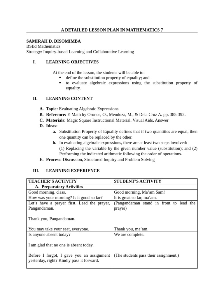 A Detailed Lesson Plan in Mathematics 7 PRE DEMO 1 | PDF | Polynomial | Algebra