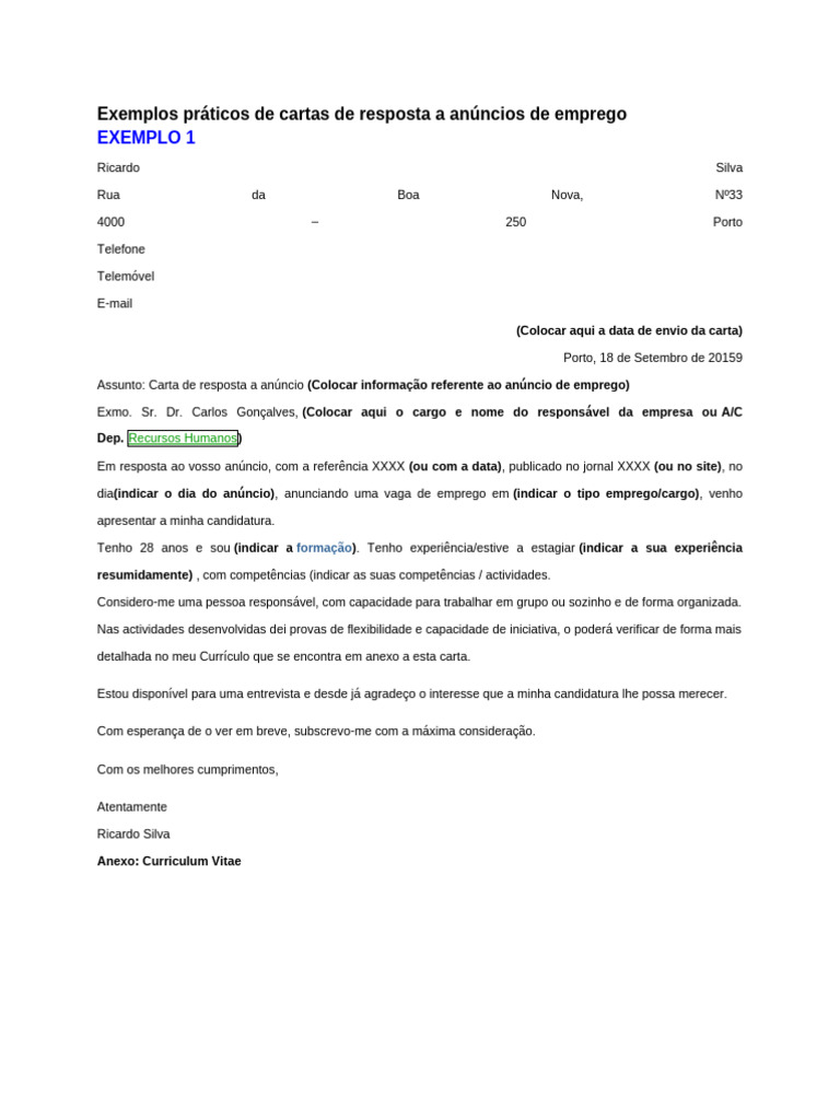 Exemplos Práticos de Cartas de Resposta A Anúncios de Emprego | PDF ...