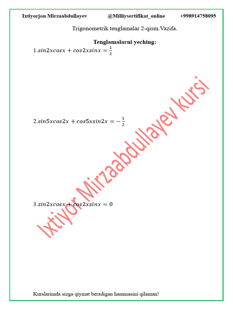 Trigonometrik Tenglamalar.2-Qism - Vazifa | PDF