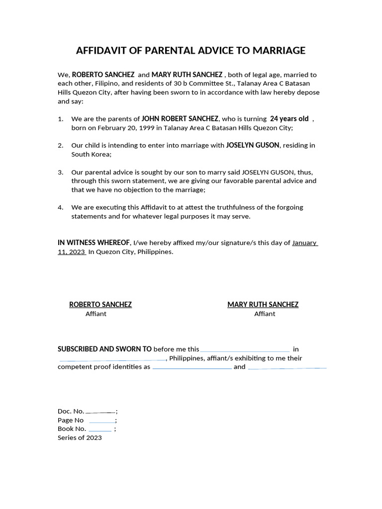 Affidavit of Parental Advice To Marriage | PDF