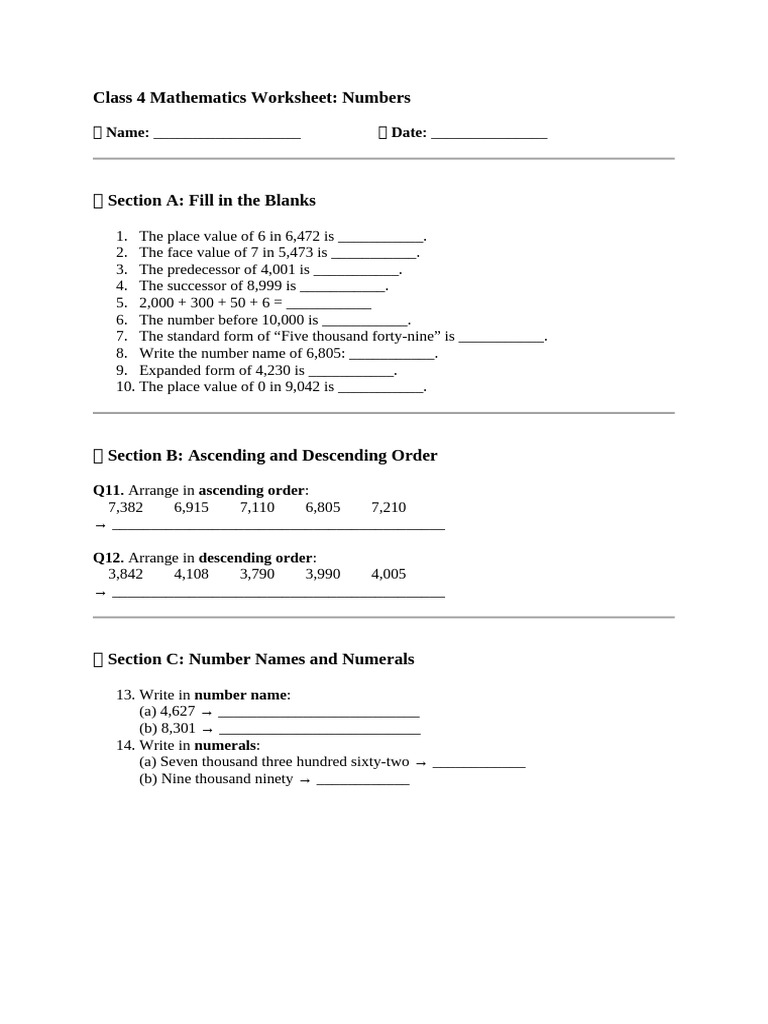 Class 4 Mathematics Worksheet | PDF