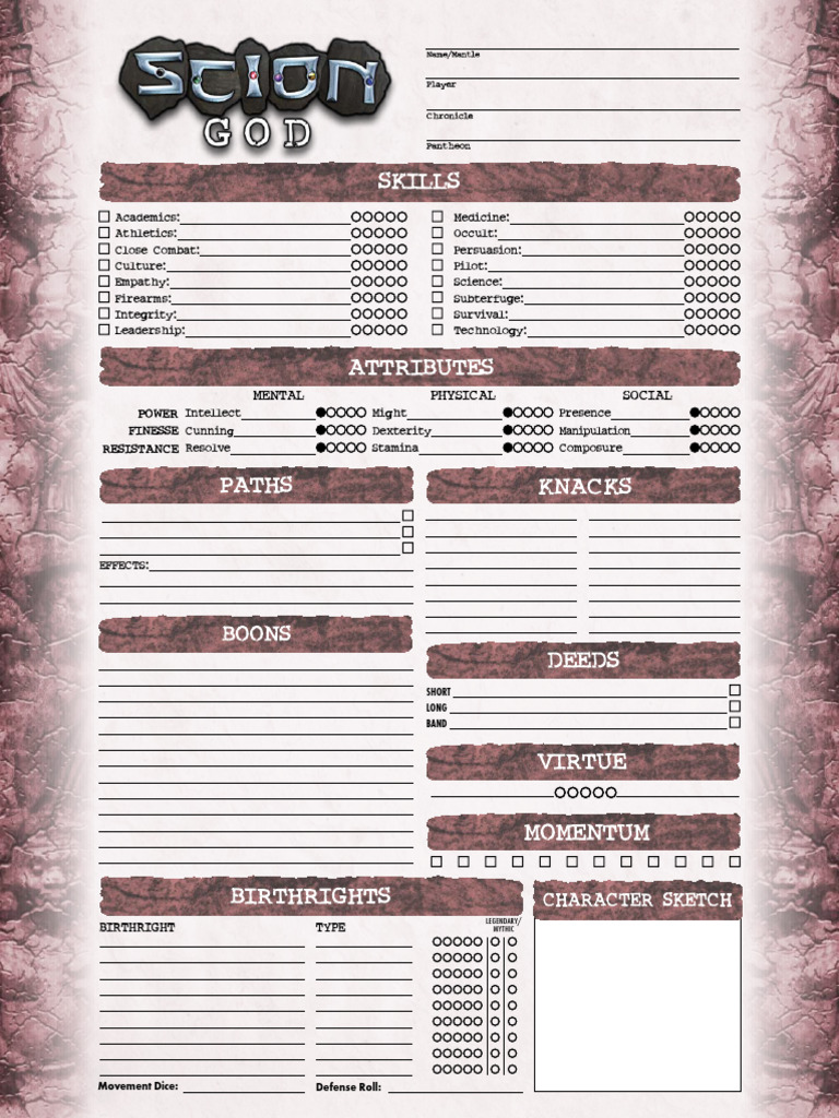 Scion God Sheet Interactive | PDF