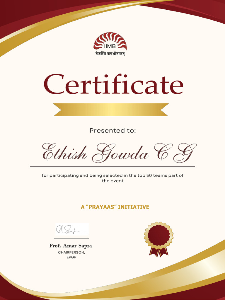 IIMB Youth Udyami Certificate of Startup Pitch | PDF