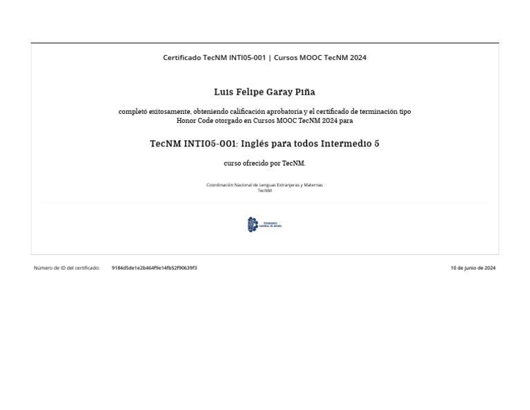 Certificado TecNM INTI05-001 - Cursos MOOC TecNM 2024 | PDF