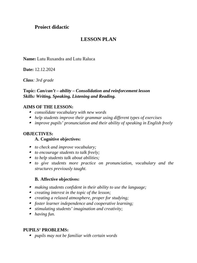 3rd Grade Lesson Plan: Can/Can't Skills | PDF | Vocabulary | Lesson Plan