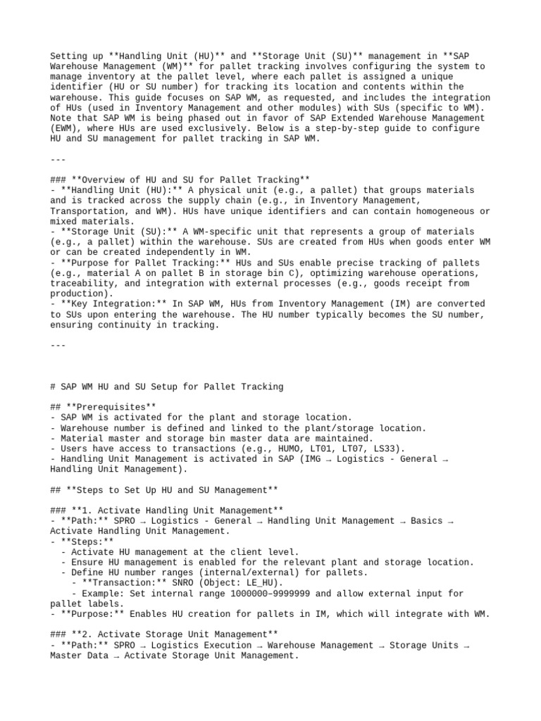 How To Setup HU & SU in SAP For WM Based On Pallet Tracking | PDF | Warehouse | Logistics