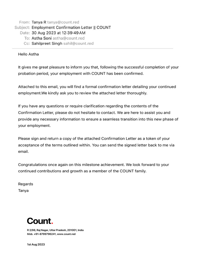 Employment Confirmation Letter - COUNT | PDF