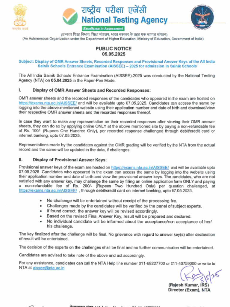 Public Notice Display of Omr Answer Sheets Recorded Responses and Provisional Answer Keys of ...