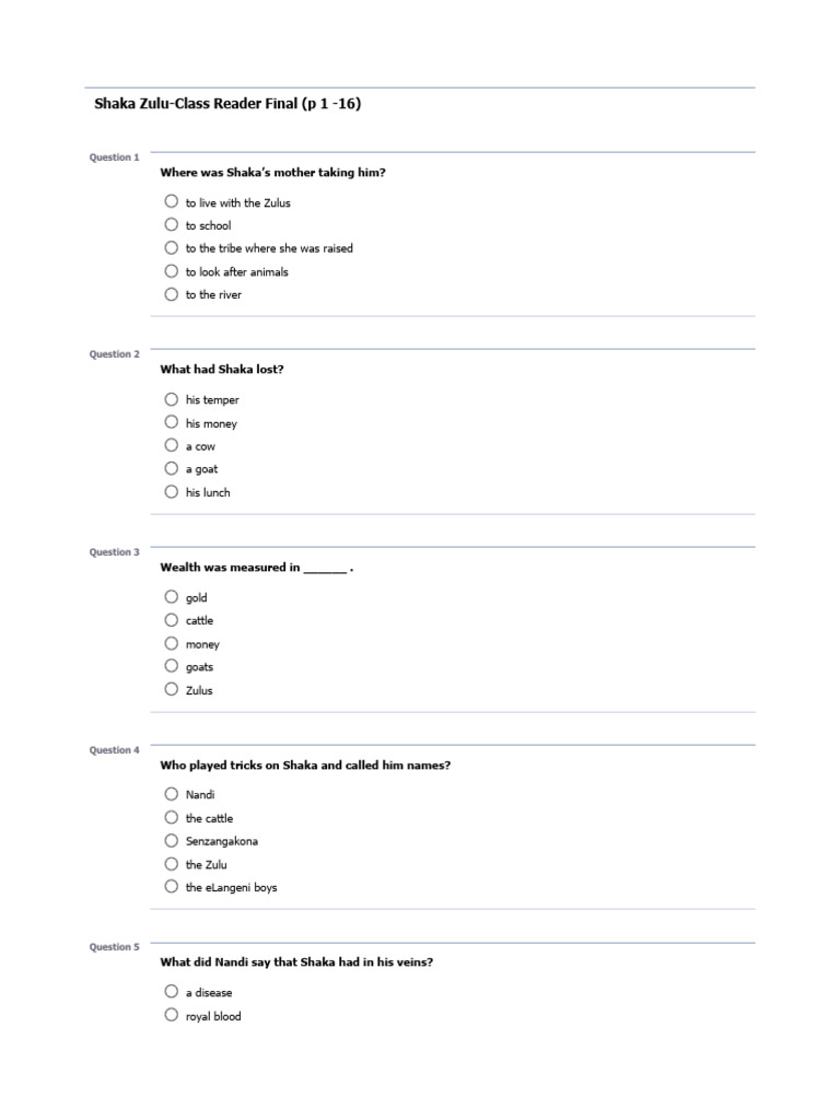 1718 Grade 4 Shaka Zulu Class Reader (p1-16) T1 Final - Questions | PDF ...