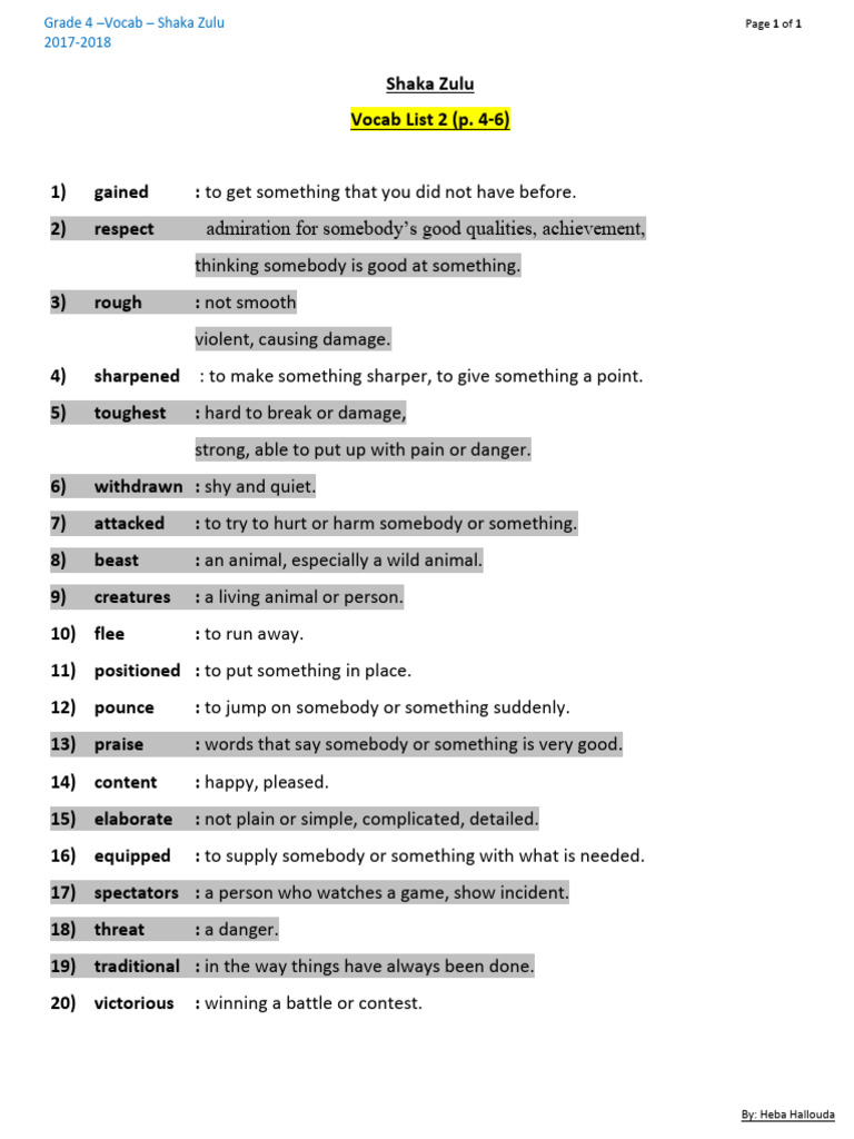 1718 Grade 4 Shaka Zulu Vocab List 2 (P 4-6) | PDF