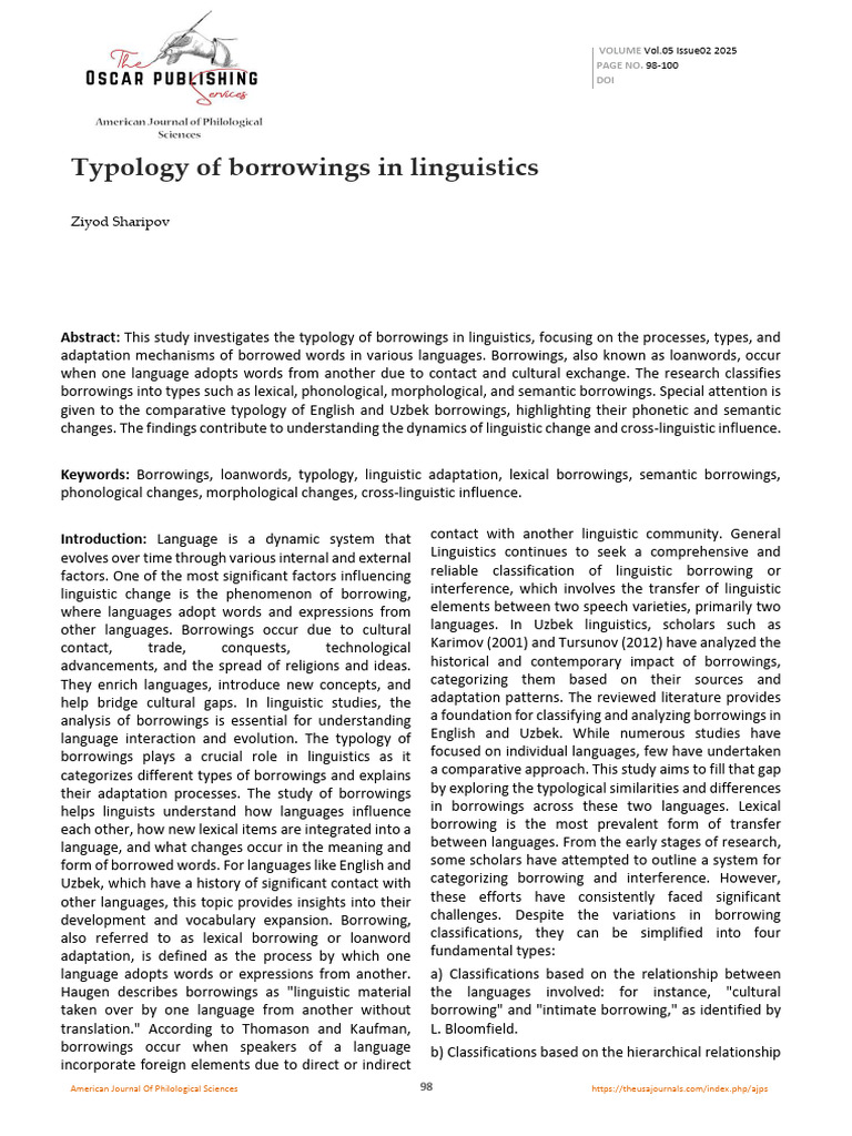 28 98-100 AJPS Typology+of+borrowings | PDF | Linguistics | Word