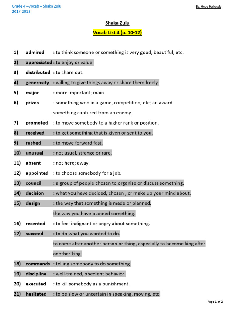 1718 Grade 4 Shaka Zulu Vocab List 4 (P 10-12) | PDF