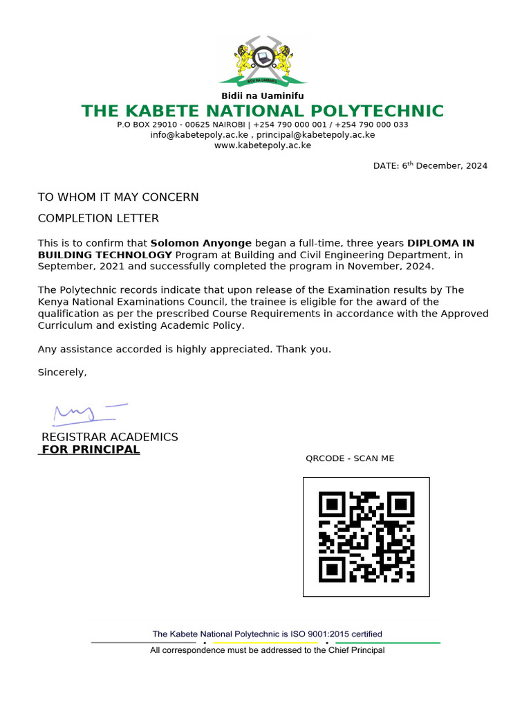 Completion Letter for Diploma in Building Technology | PDF