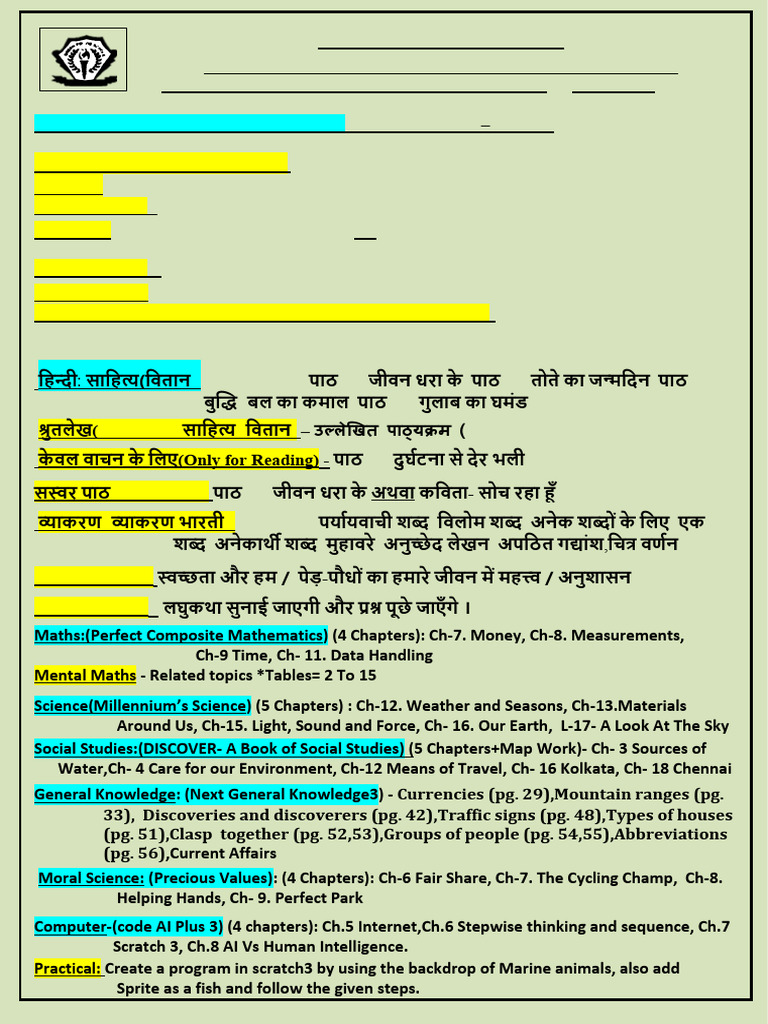 Class - 3 Final Examination Syllabus (2024-25) - 1 | PDF | Linguistics