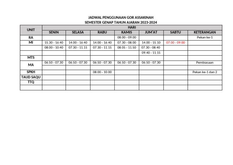 Jadwal Penggunaan Gor Ta. 2023-2024 | PDF