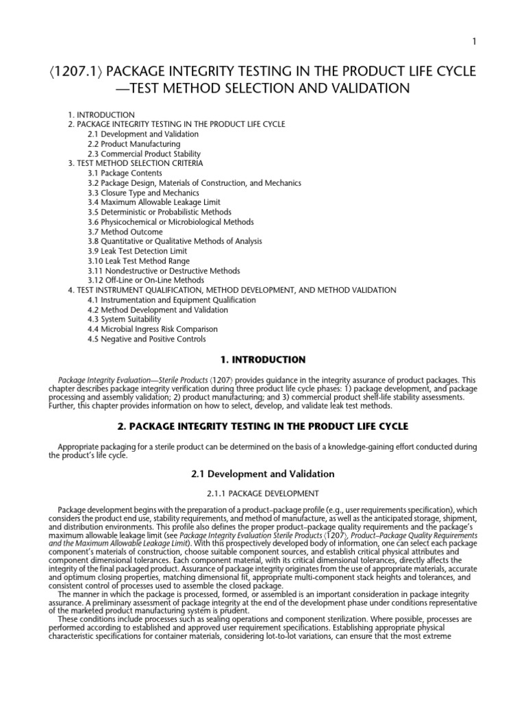 1207.1 Package Integrity Testing in The Product Life Cycle-Test Method ...
