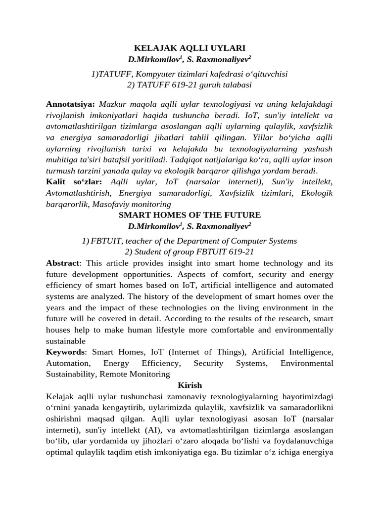 Kelajak aqlli uylari | PDF