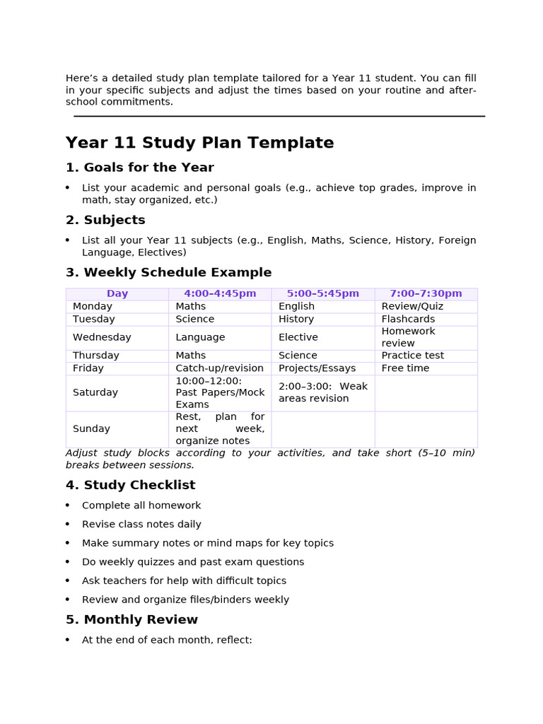 Year 11 Study Plan Template Guide | PDF | Learning