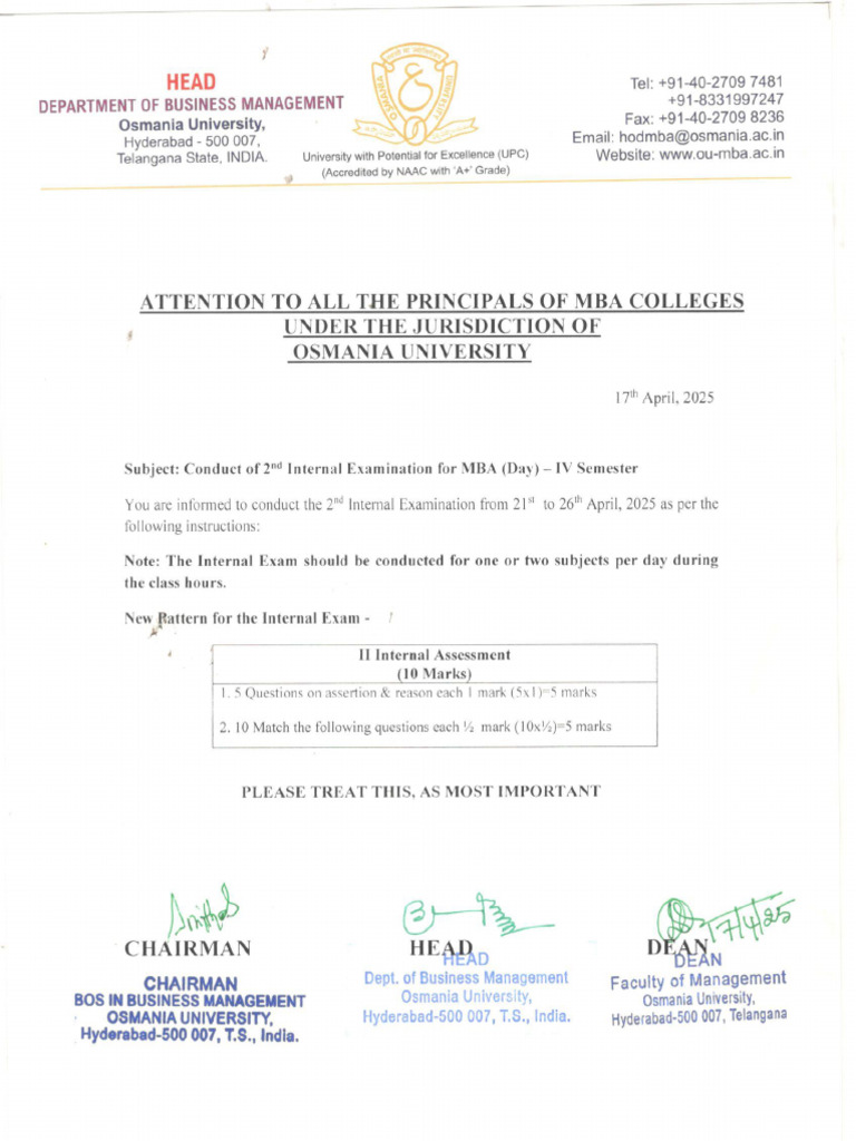 OU MBA (Day) II Year IV Semester - 2nd Internal Exams Schedule April ...