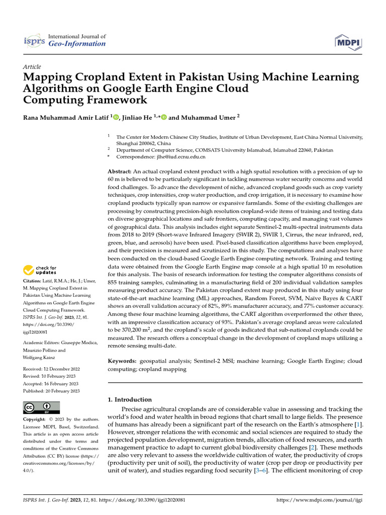 Mapping Cropland Extent in Pakistan Using Machine Learning Algorithms on Google Earth Engine ...