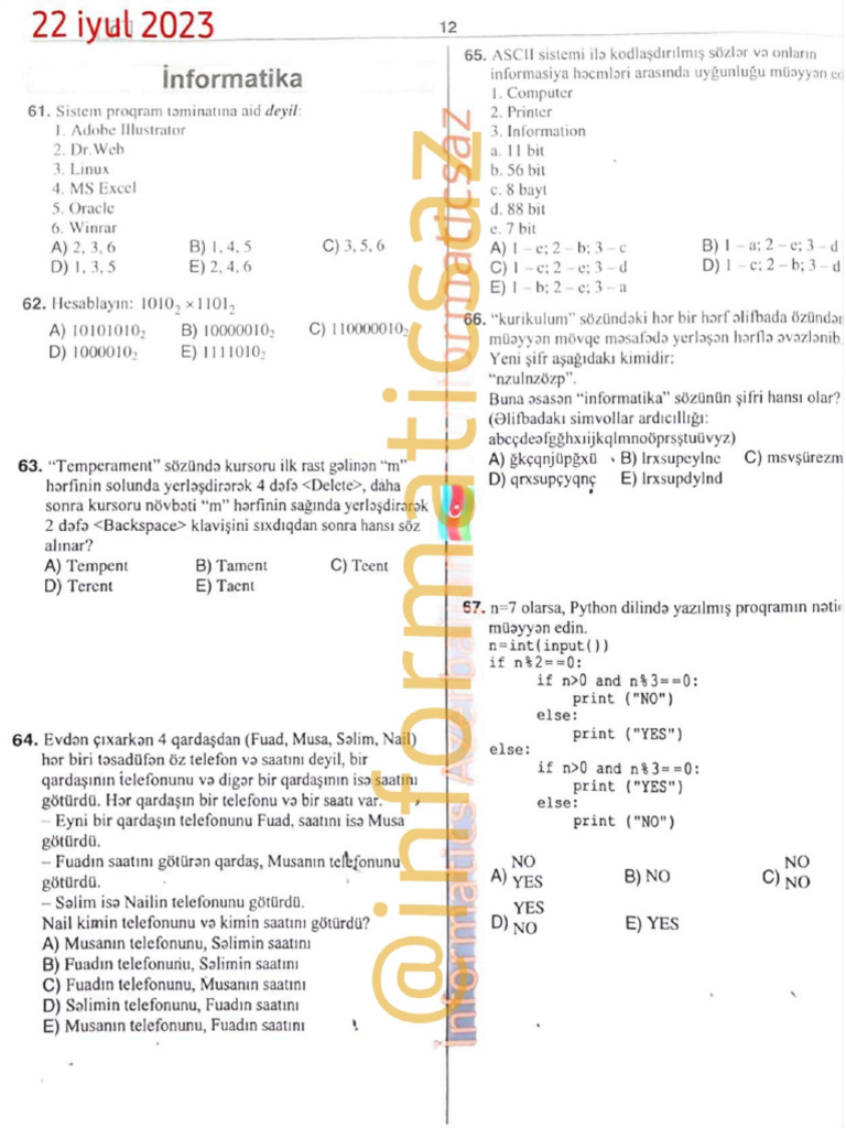 DİM Informatika II CƏHD 2023 | PDF