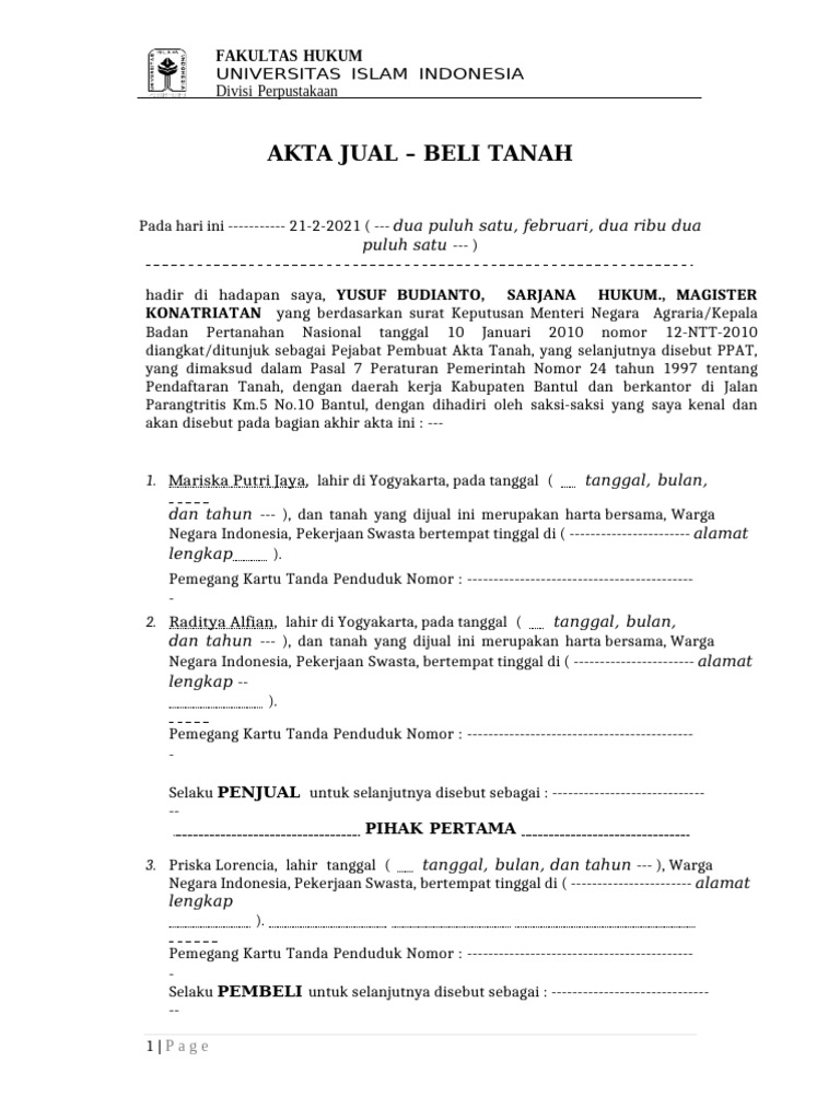 Contoh Surat Perjanjian Pengikat Akta Jual Beli Tanah FH UII | PDF