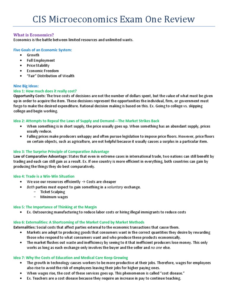 Microeconomics Exam One Review | PDF