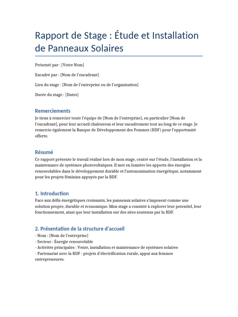 Rapport de Stage : Installation Solaire | PDF | Énergie solaire ...