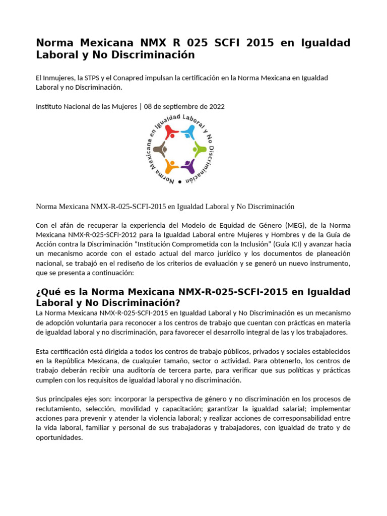 TEORÍA Resúmen Norma Mex. NMX R 025 SCFI 2015 en Igualdad Laboral y No Discriminación | PDF ...